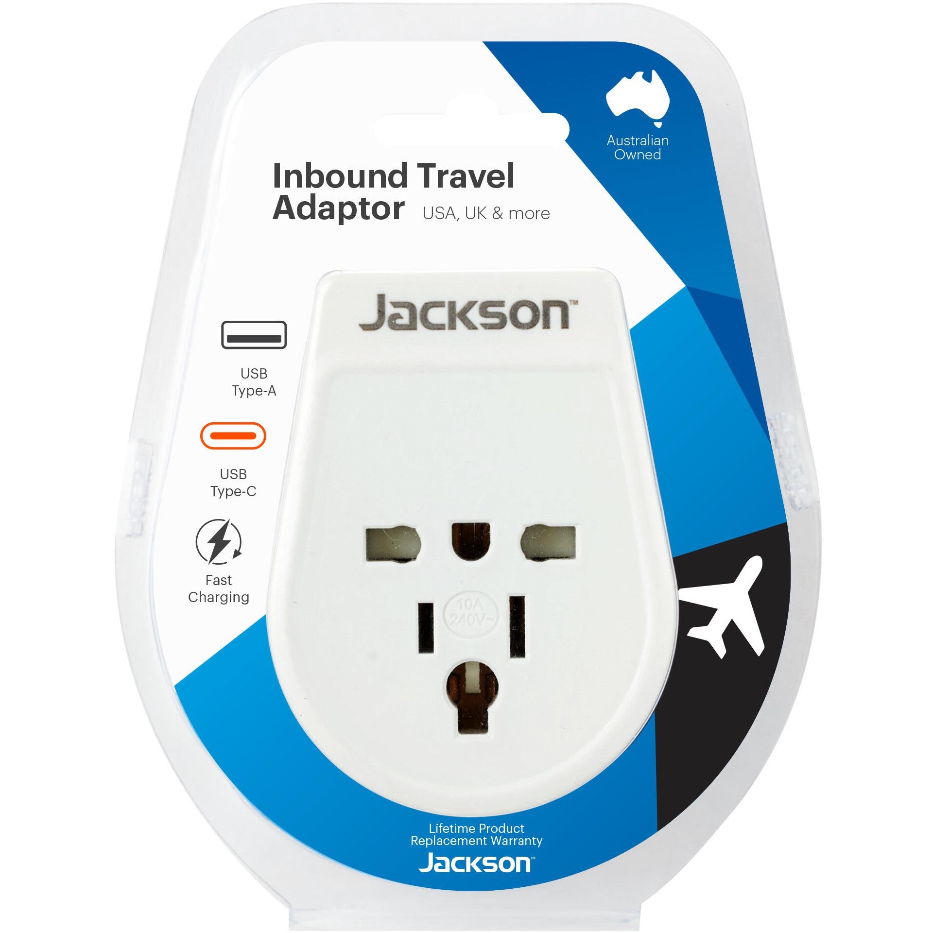 Jackson Inbound Travel Adapter with USB-A/C UK, Hong Kong, America & J